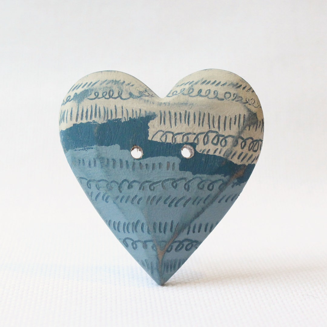 Solid Wood Bright Blue Heart Folk Art Button, Large Wood Heart Button ...