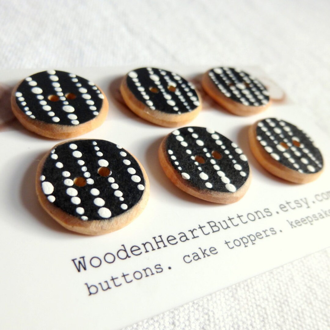 6 Small Wooden Buttons, 20mm, Black Wood Button Set, Hand Painted ...