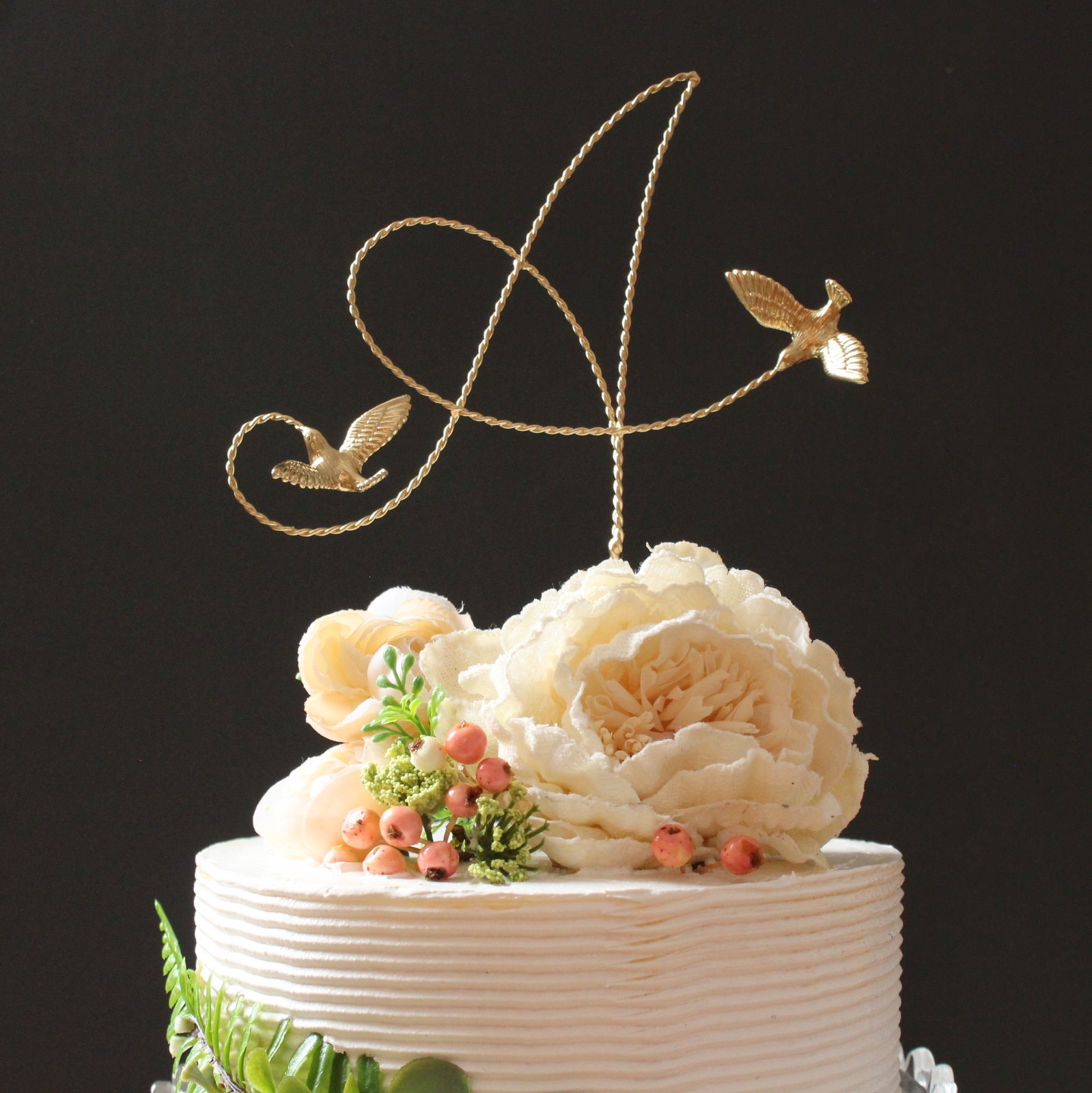Wire Initial Cake Topper With Love Birds Custom Gold Monogram | Etsy