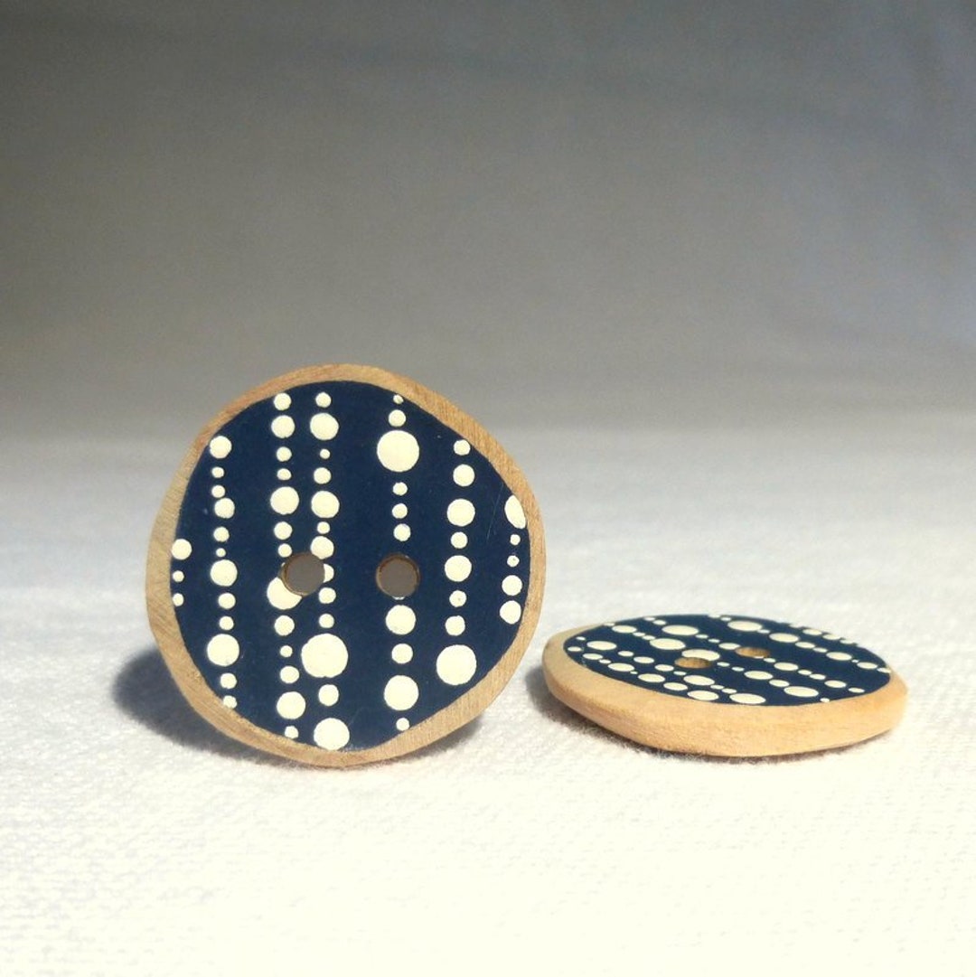 2 Navy Blue Wood Buttons With White Dots, Blue Wooden Sewing Buttons 1 ...