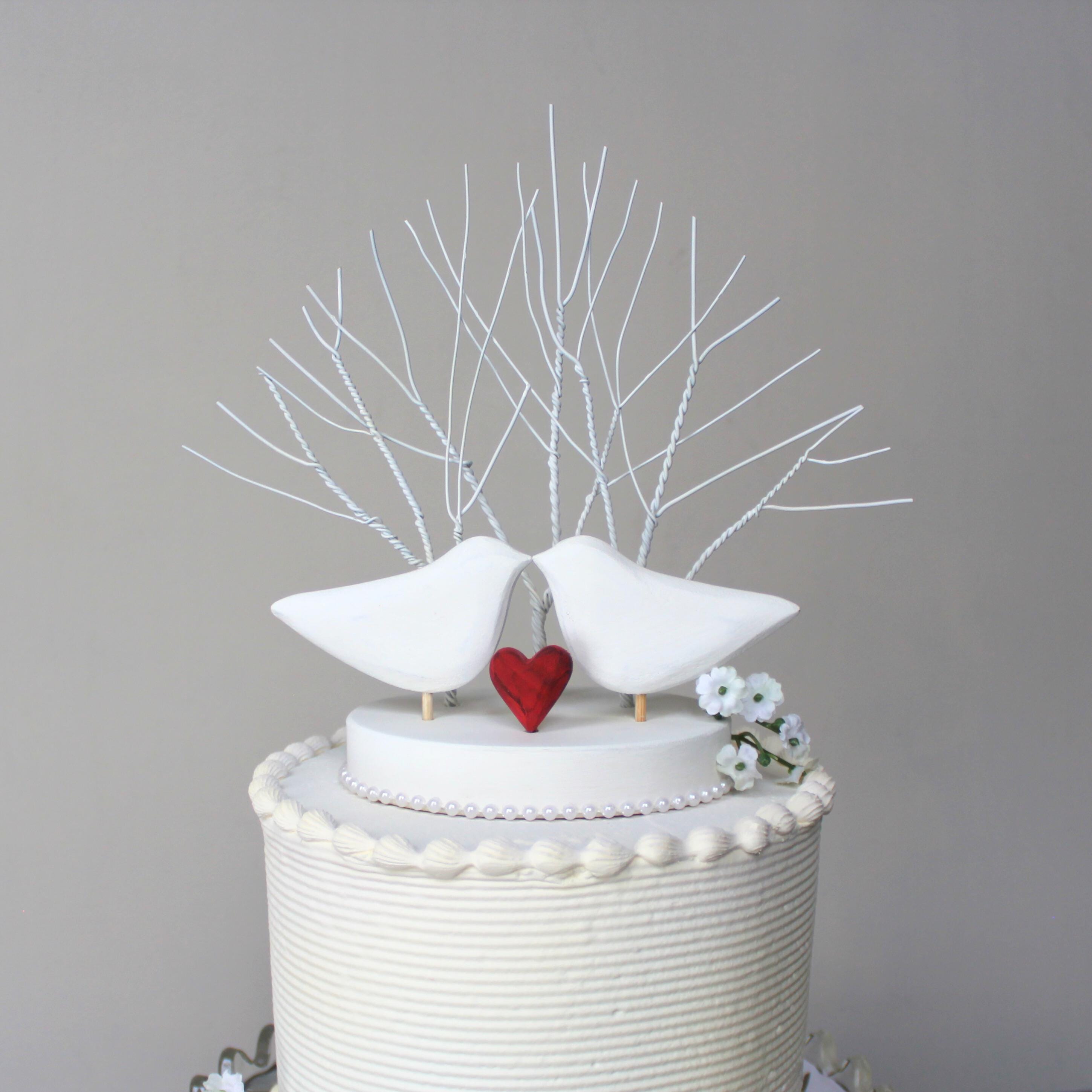 White Wedding Cake Topper With Winter Trees and Love Birds, Carved Wood ...