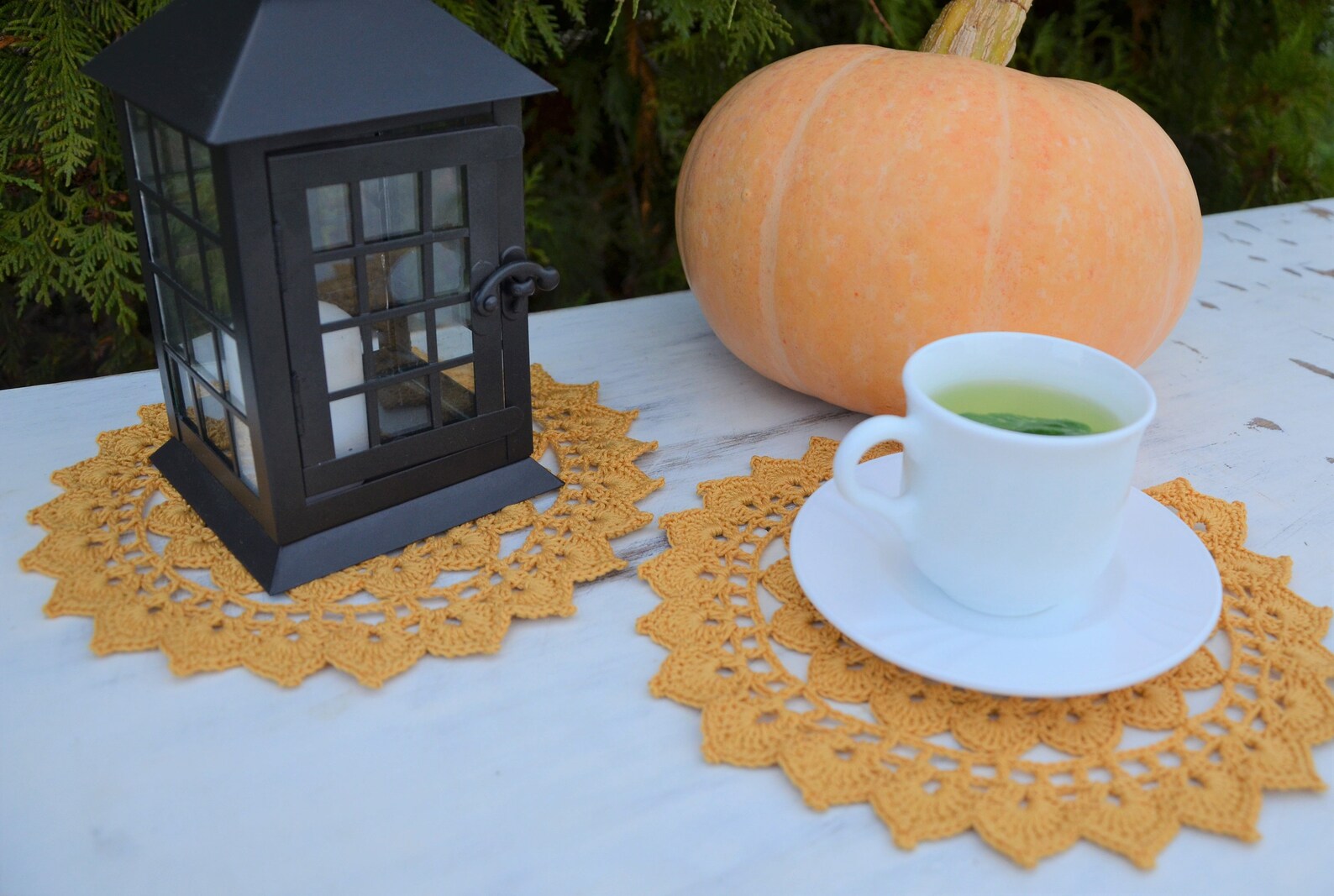 Mustard lace doily fall table decor mustard cotton doilies | Etsy