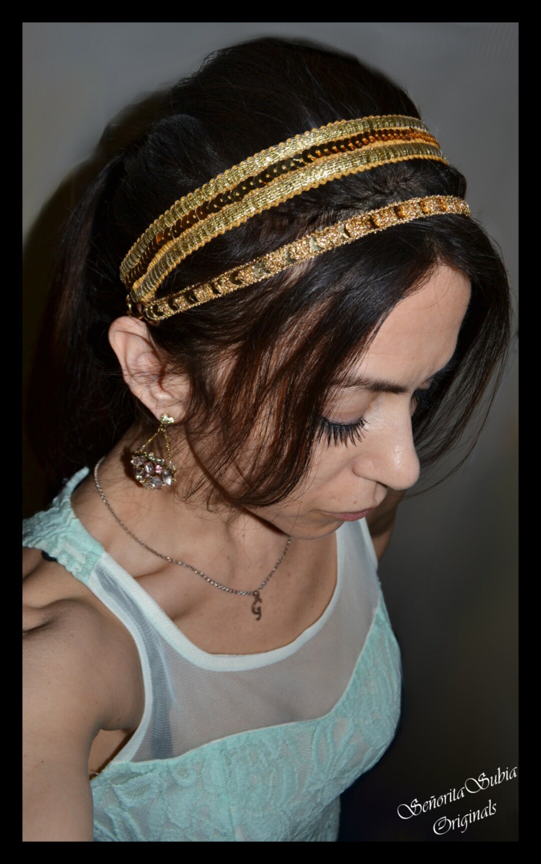 REGAL GRECIAN GODDESS Double Gold Sequin Headband Greek Roman Crown ...