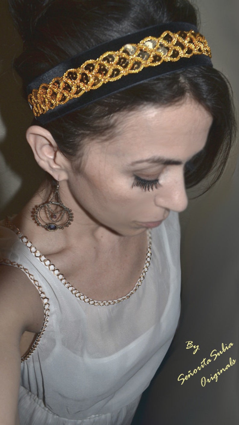 GRECIAN GODDESS HEADBAND Rich Black Velvet Gold Sequins Wide Greek ...
