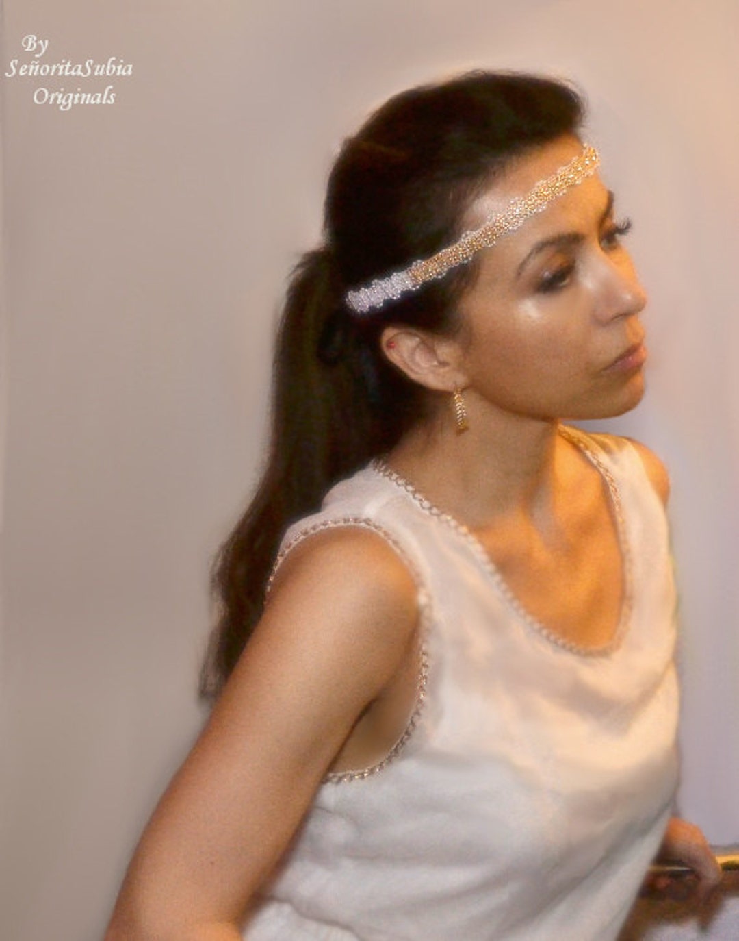 Grecian Goddess Style Bridal Headband Gold White Black Velvet Tie ...