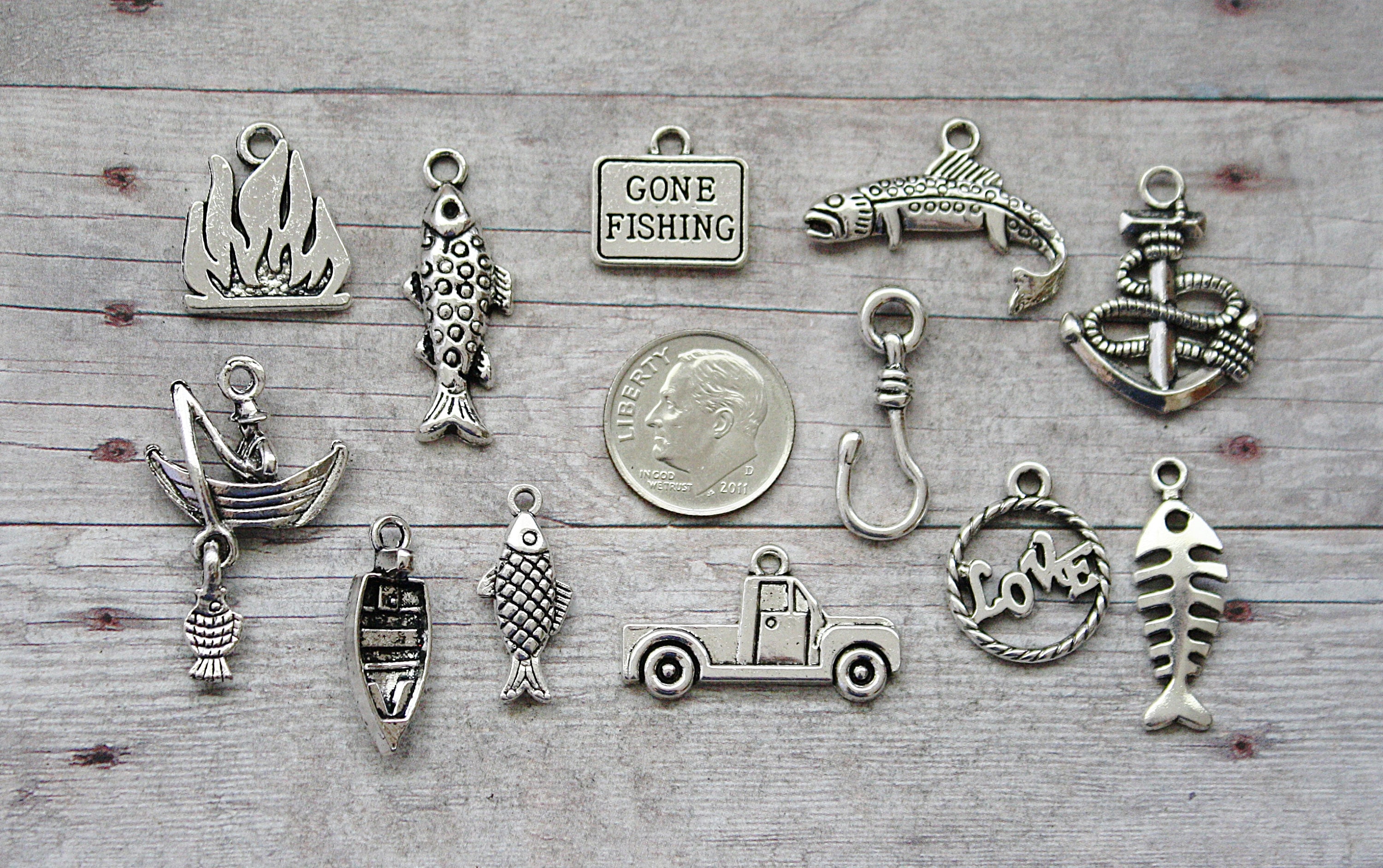 12pc or 5pc Fishing Charm Set Lot Collection / Jewelry, Scrapbooking ...