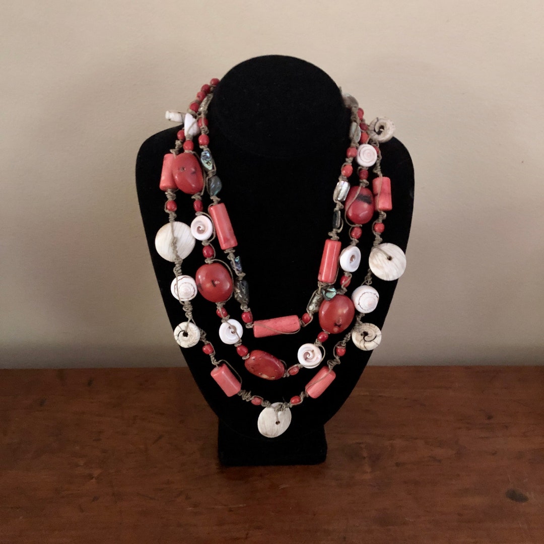 Vintage 3 Strand Macrame Necklace With Dyed Coral, Sacred Chank Shell ...