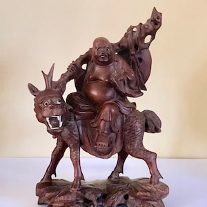 SALE Vintage Hand Carved Wood Figure of A Plump Buddha Riding A ...