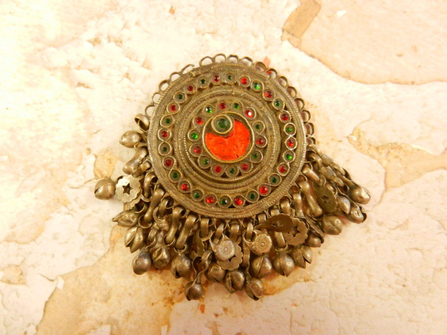 Large Round Vintage Boho Gypsy Kuchi Medallion With Metal Charm Dangles ...