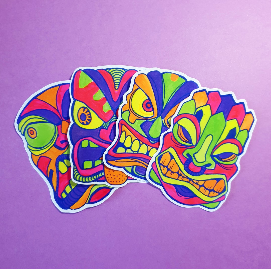 Tiki Faces - Set of Waterproof 4 Stickers - Trippy Psychedelic Low Brow ...