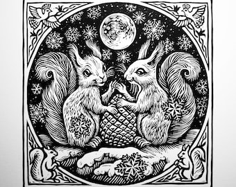 Squirrel Linocut Print, Hand Printed Signed Open Edition, Kat Lendacka ...