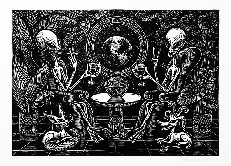 Alien Couple Drinking Wine Smoking Weed Linocut Print UFO - Etsy