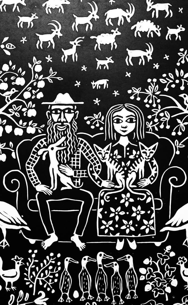Farm Couple Linocut Print. Permaculture Wall Art. Growing Your - Etsy