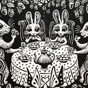 Kitchen Wall Art, Rabbit Family Meal Linocut Print, Rabbits, Bunnies ...