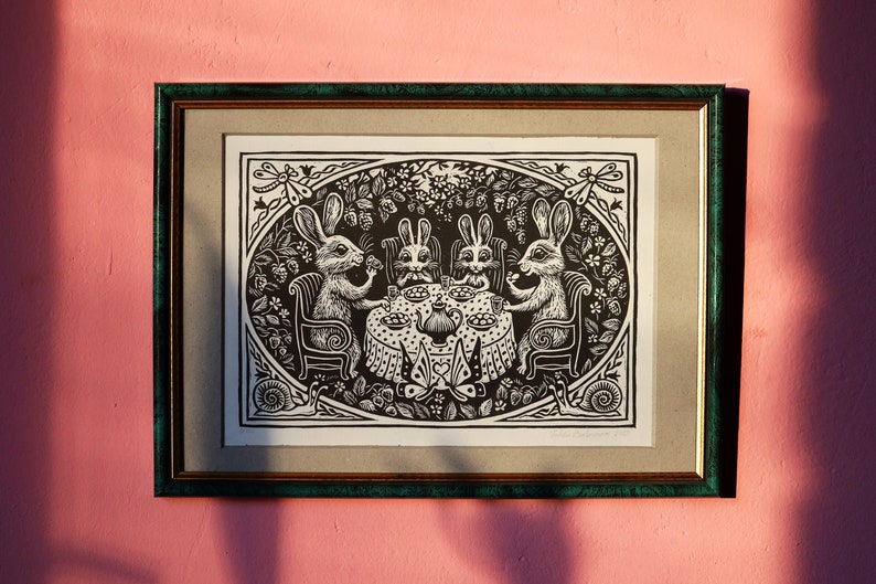 Kitchen Wall Art Rabbit Family Meal Linocut Print Rabbits - Etsy