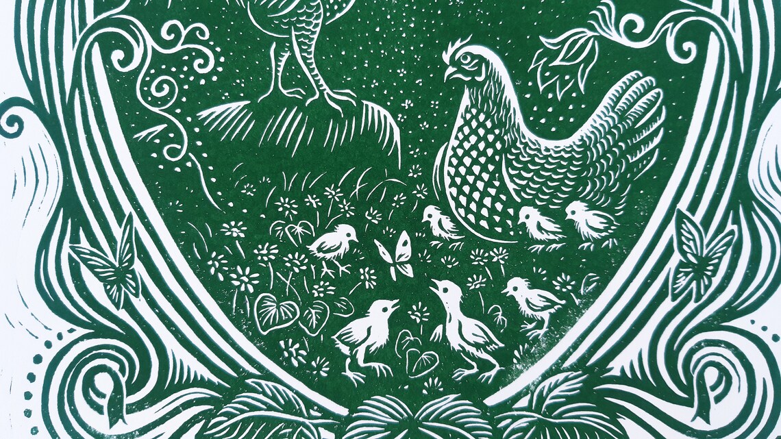 Chicken Art Hen Rooster Linocut Print. Country Farmhouse - Etsy