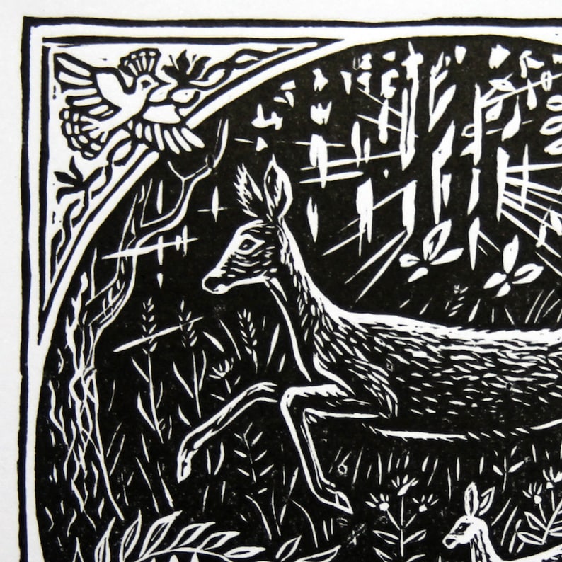 Deer Mama & Fawn Linocut Print. - Etsy
