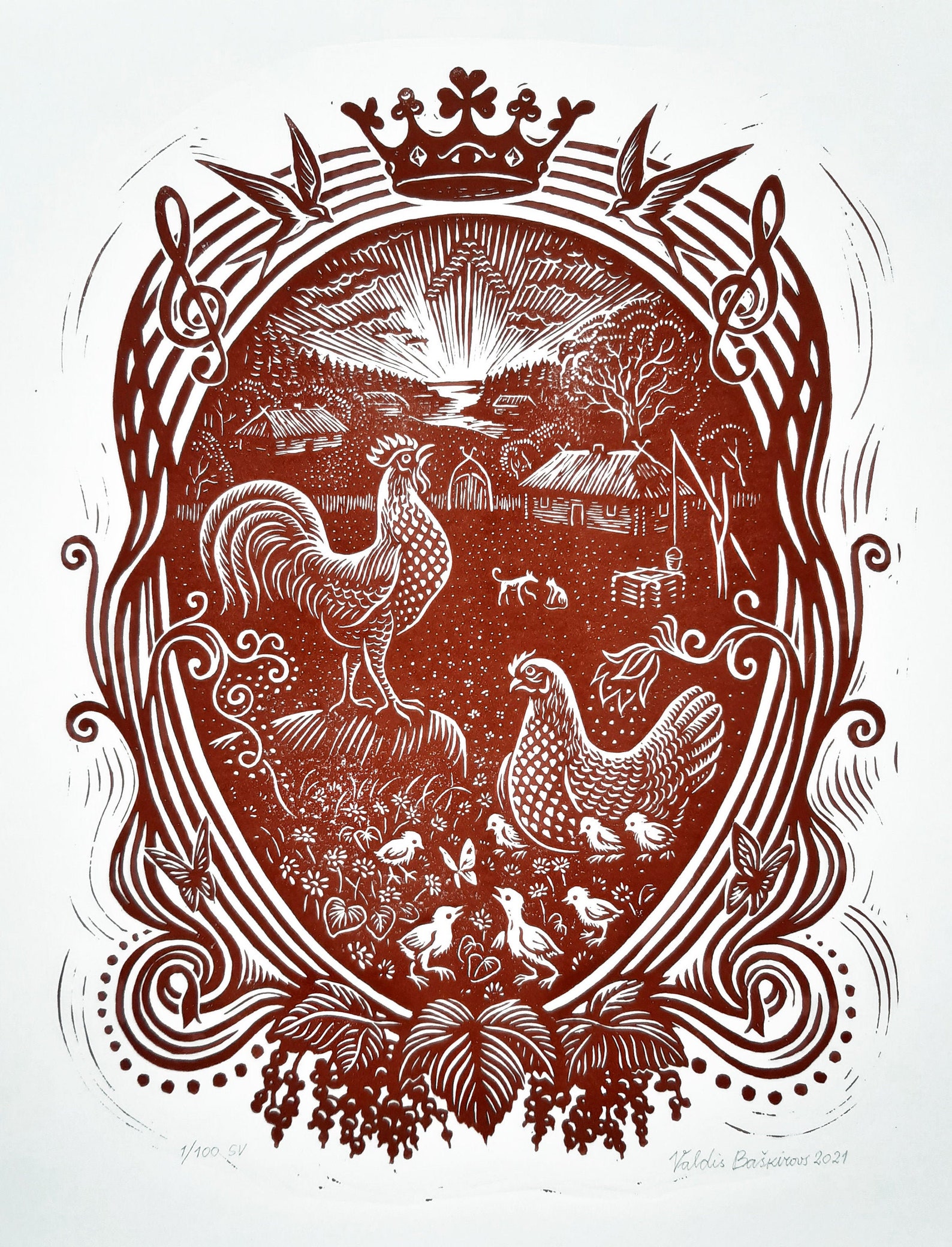 Chicken Art Hen Rooster Linocut Print. Country Farmhouse | Etsy