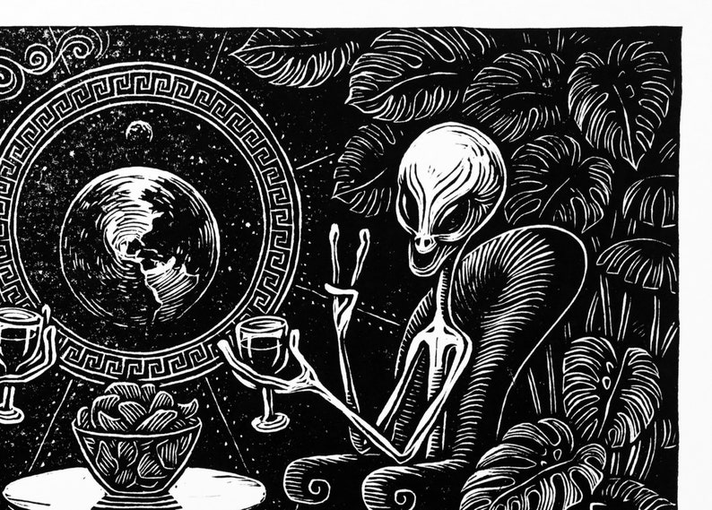 Alien Couple Drinking Wine Smoking Weed Linocut Print UFO - Etsy