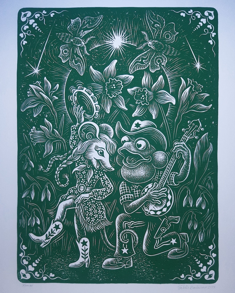 Frog and Mouse Linocut - Etsy
