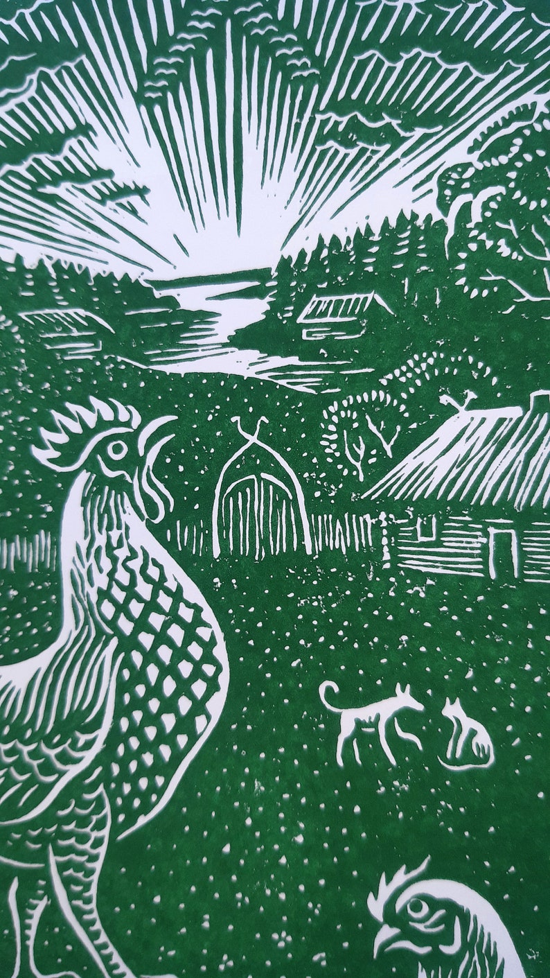 Chicken Art Hen Rooster Linocut Print. Country Farmhouse - Etsy