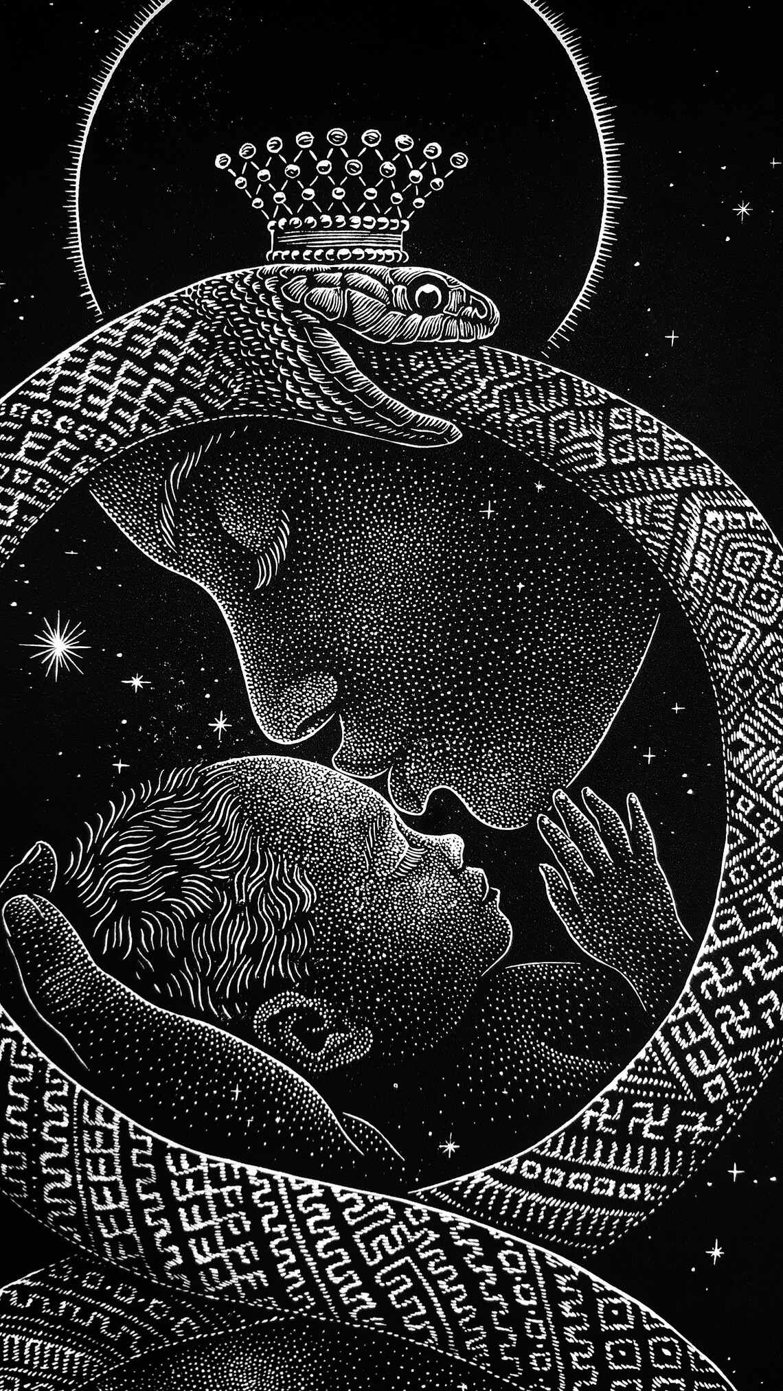 Loop of Life, Ouroboros, Linocut Print, Newborn, Grandfather, Celestial ...