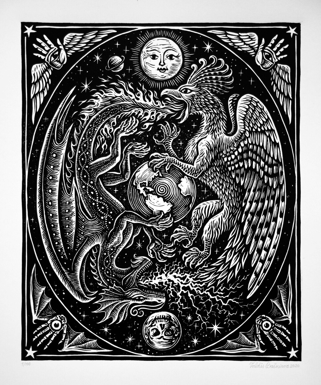 Dragon, Phoenix Linocut Print. Occult, Alchemy Art. - Etsy
