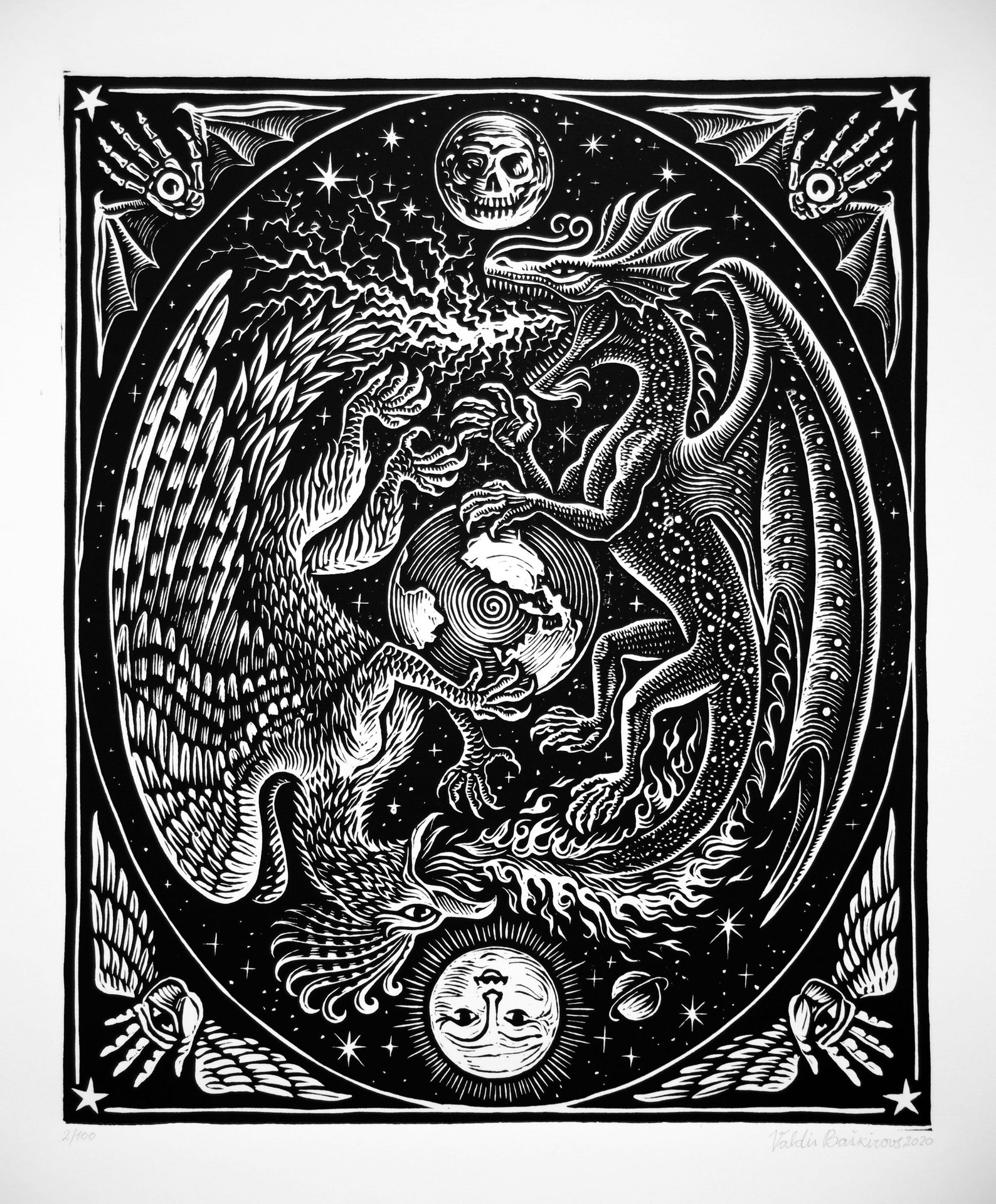 Dragon, Phoenix Linocut Print. Occult, Alchemy Art. - Etsy