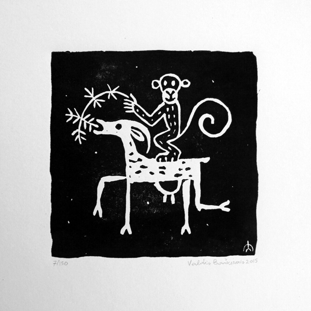 Monkey Riding Goat Linocut Print: Primitive Animal Art - Etsy