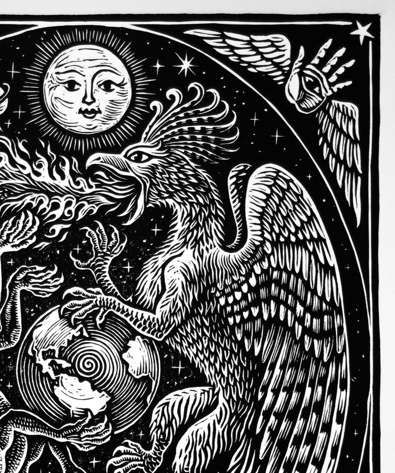 Dragon, Phoenix Linocut Print. Occult, Alchemy Art. - Etsy