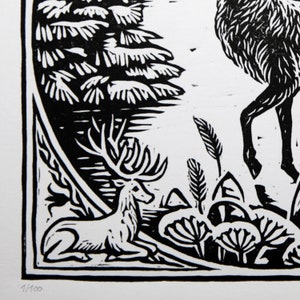 Deer Linocut Print, Buck, Male Deer, Stag in Winter, Original Art ...