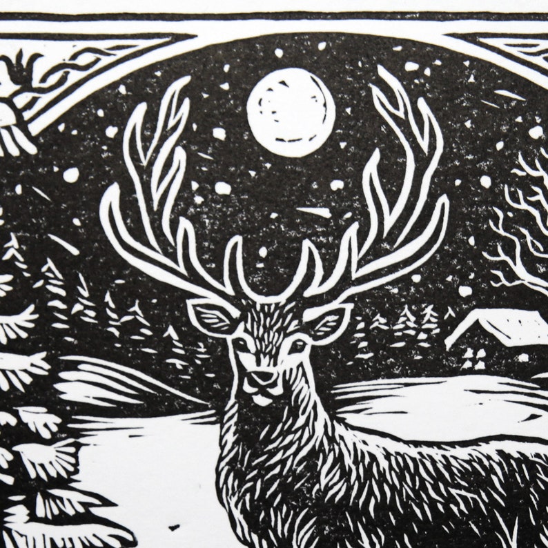Deer Linocut Print Buck Male Deer Stag in Winter Original - Etsy