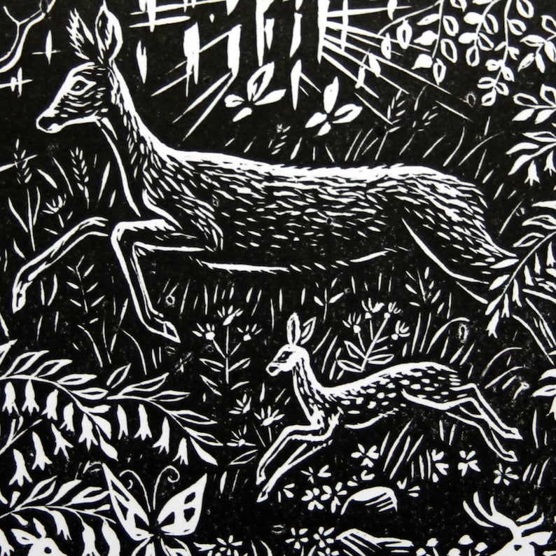 Deer Mama & Fawn Linocut Print. - Etsy