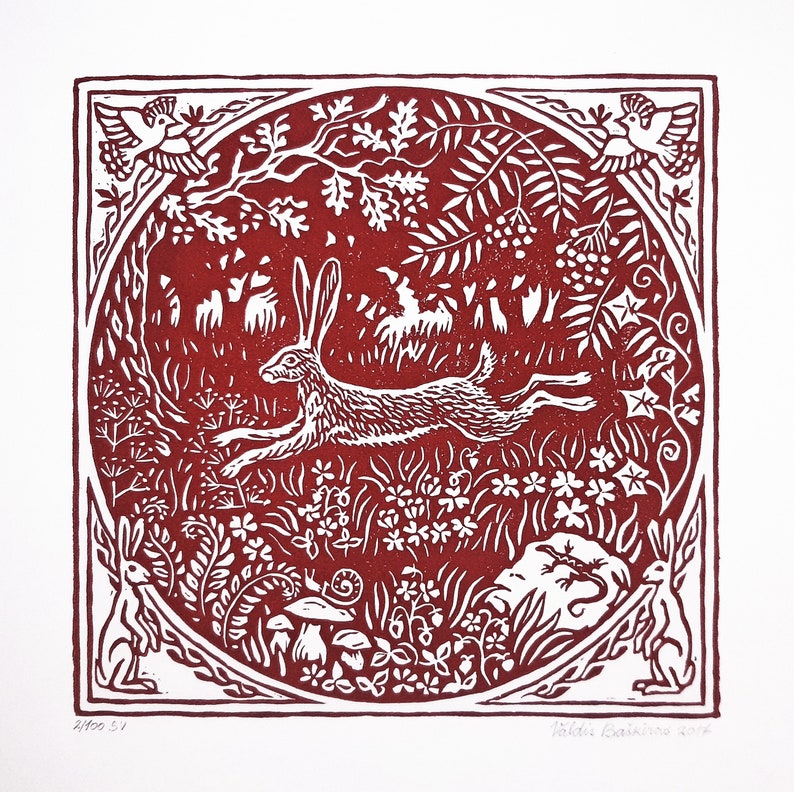 Hare Rabbit Bunny Linocut Print. - Etsy