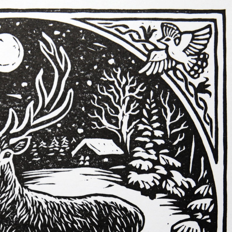 Deer Linocut Print Buck Male Deer Stag in Winter Original - Etsy