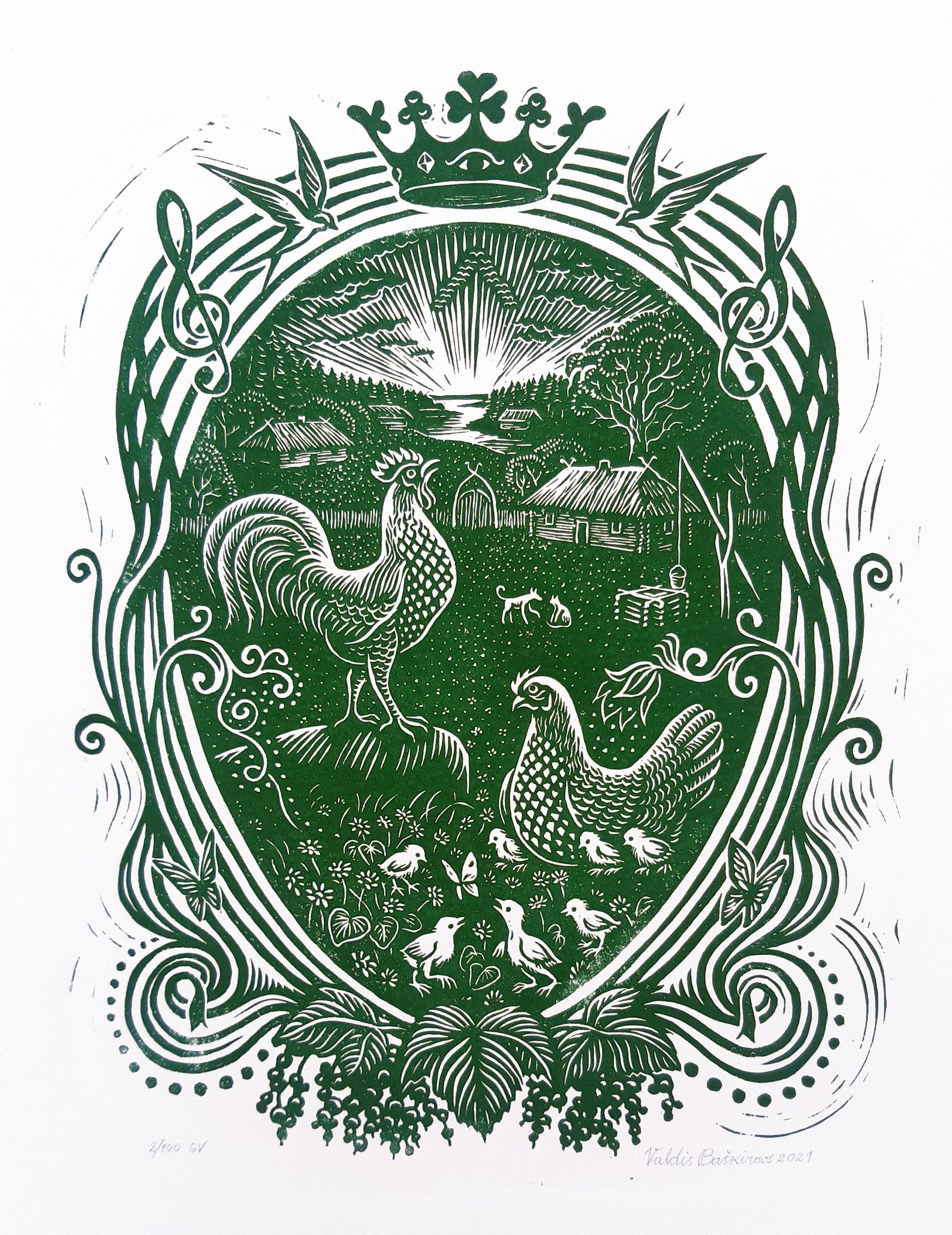 Chicken Art Hen Rooster Linocut Print. Country Farmhouse | Etsy