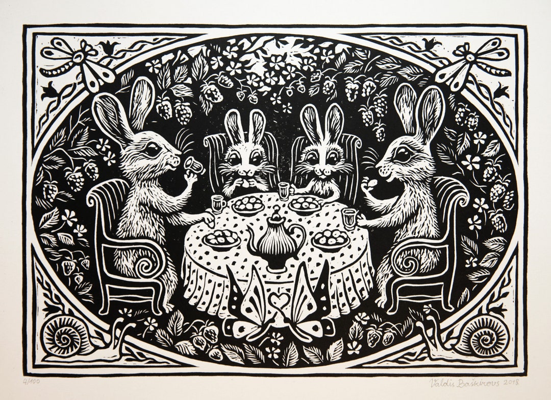 Kitchen Wall Art, Rabbit Family Meal Linocut Print, Rabbits, Bunnies ...