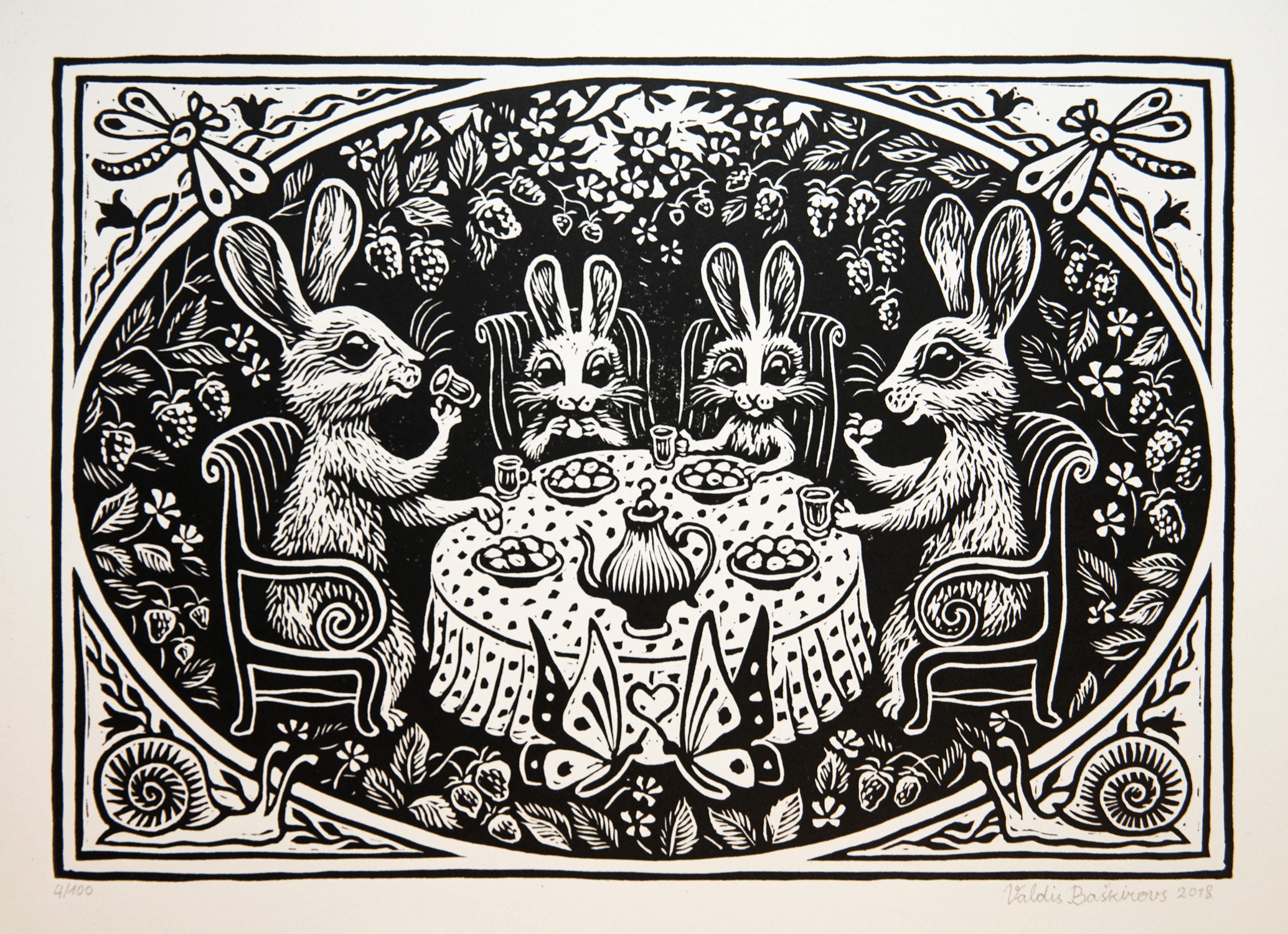 Kitchen Wall Art Rabbit Family Meal Linocut Print Rabbits | Etsy