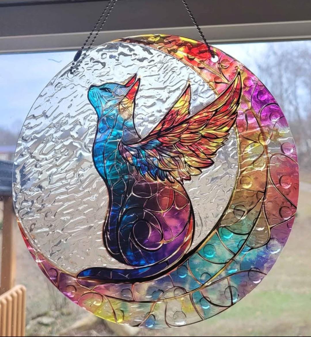 Stunning Cat in Moon Angel Wings Memorial Rainbow Bridge Suncatcher Sun ...