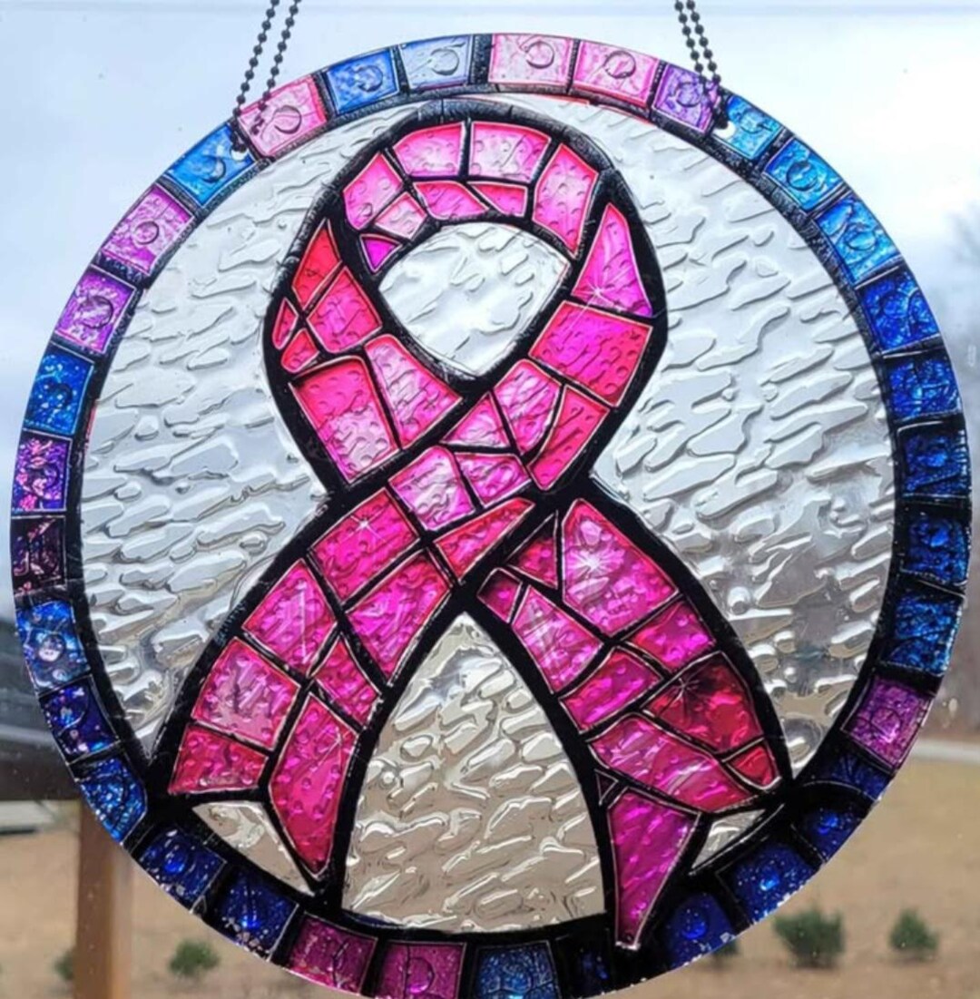 Stunning Round Pink Ribbon Breast Cancer Awareness Fight Suncatcher Sun ...