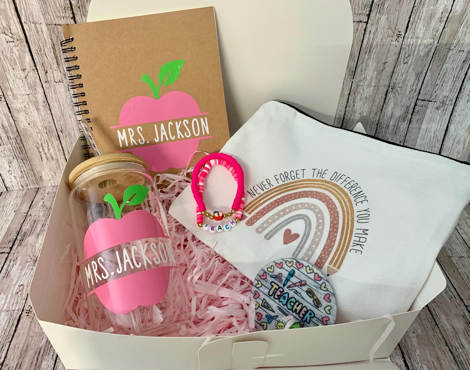 Personalized Teacher Gift Box, Iced Coffee Glass, Notebook, Cosmetic ...
