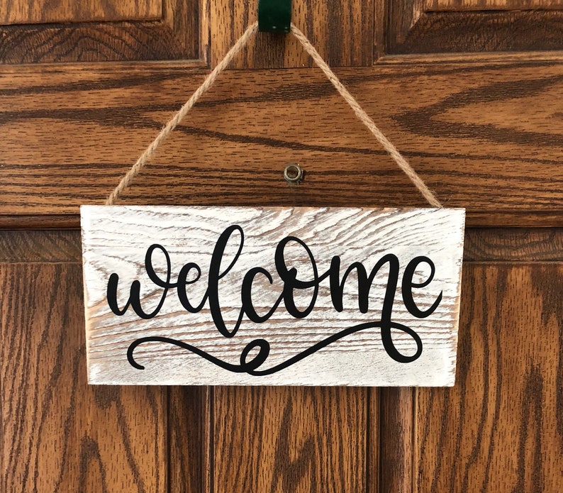 Welcome Sign, Wood Hanging Welcome Sign, Farmhouse, White Washed, White ...