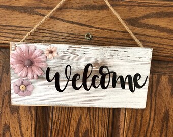 Welcome Sign, Wood Hanging Welcome Sign, Farmhouse, White Washed, White ...