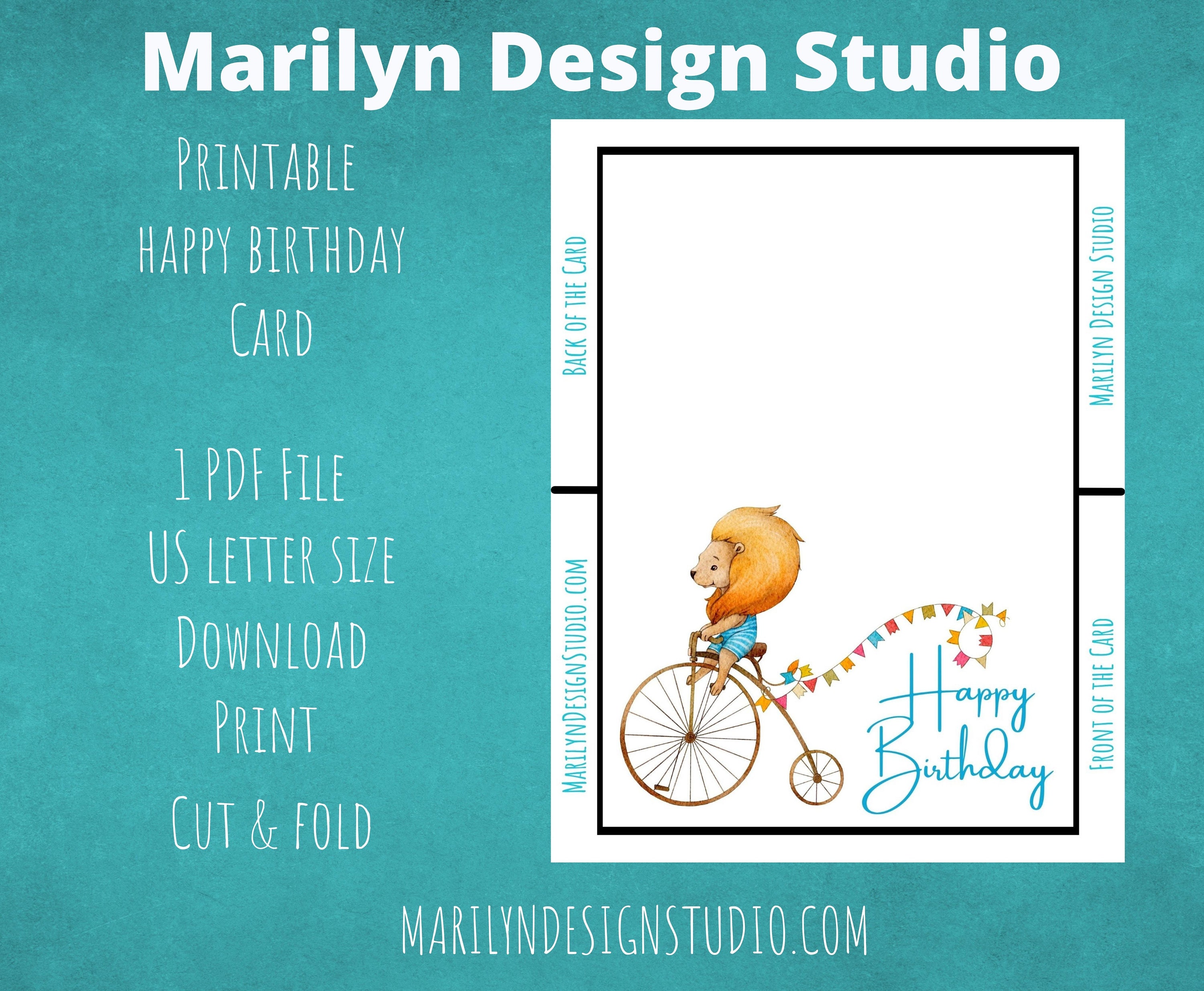 Happy Birthday Card Lion on Bicycle Digital Card, Last Minute Instant ...