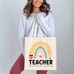 Teacher Love Teach Inspire Rainbow Pencil Tote Bag - School Teacher ...