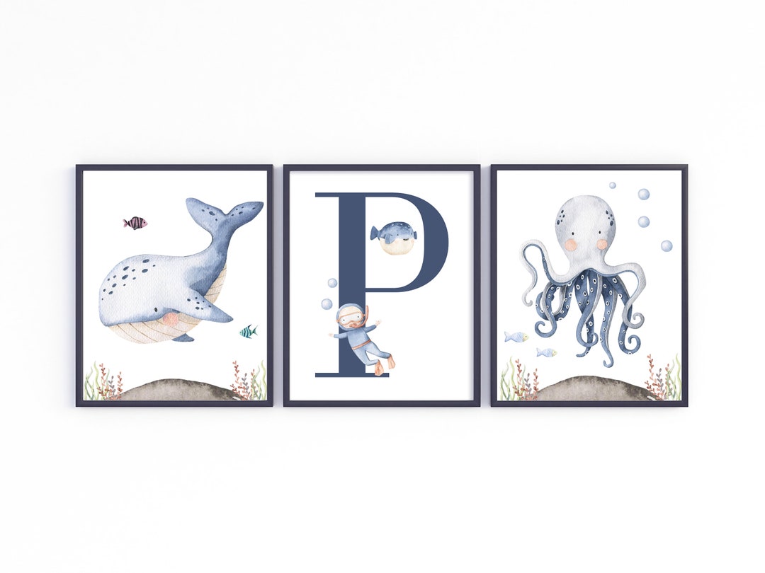 Boy Monogram Letter P, Under the Sea Digital Print, Boy Nursery, Under ...