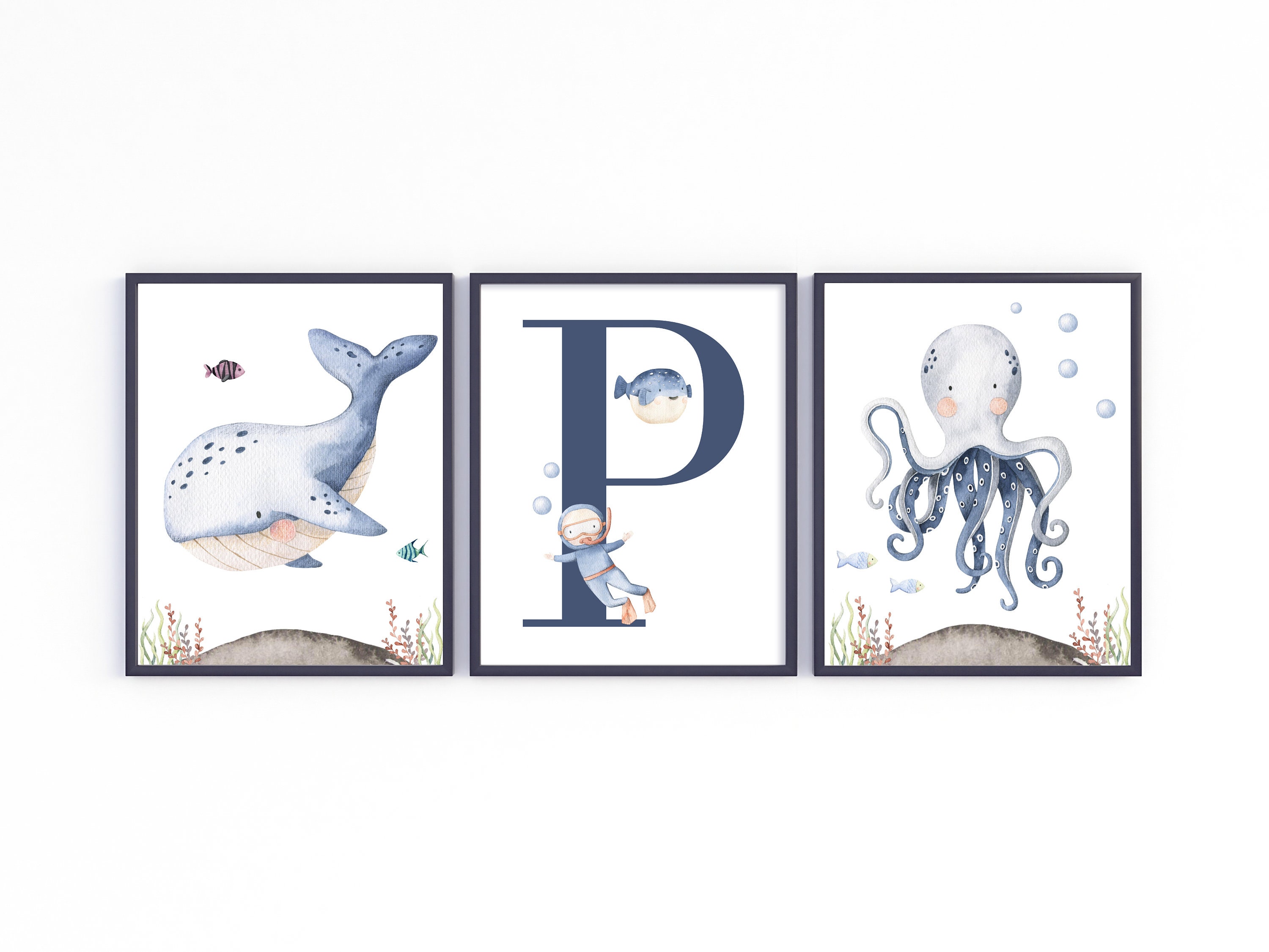Boy Monogram Letter P, Under the Sea Digital Print, Boy Nursery, Under ...