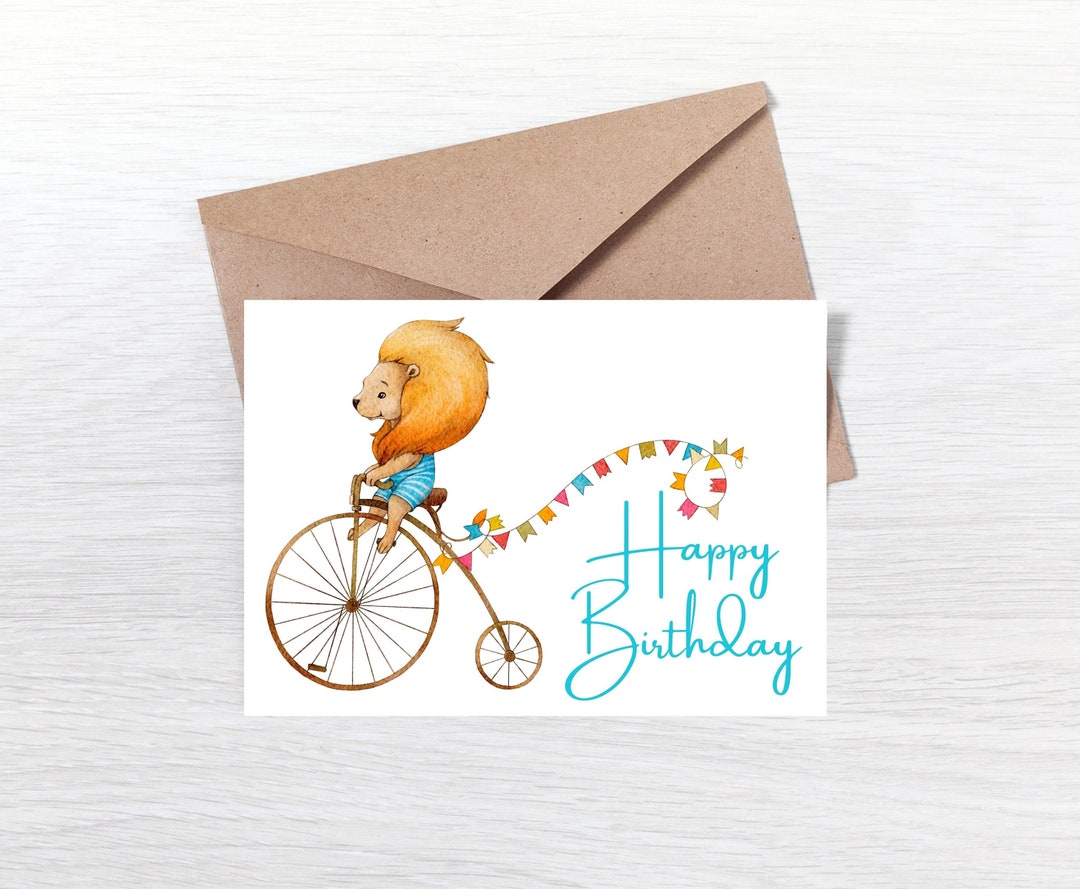 Happy Birthday Card Lion on Bicycle Digital Card, Last Minute Instant ...