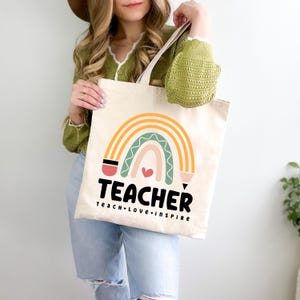 Teacher Love Teach Inspire Rainbow Pencil Tote Bag - School Teacher ...