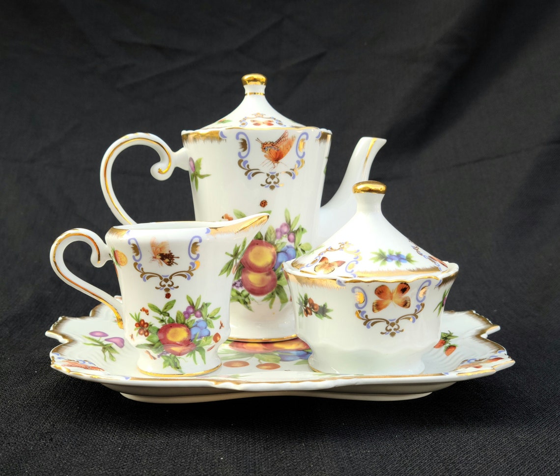 Vintage I. Godinger Tea Set With Fruit and Insects With a - Etsy